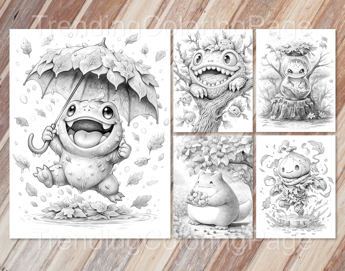 50 Adorable Autumn Monsters Grayscale Coloring Pages - Halloween Color ...