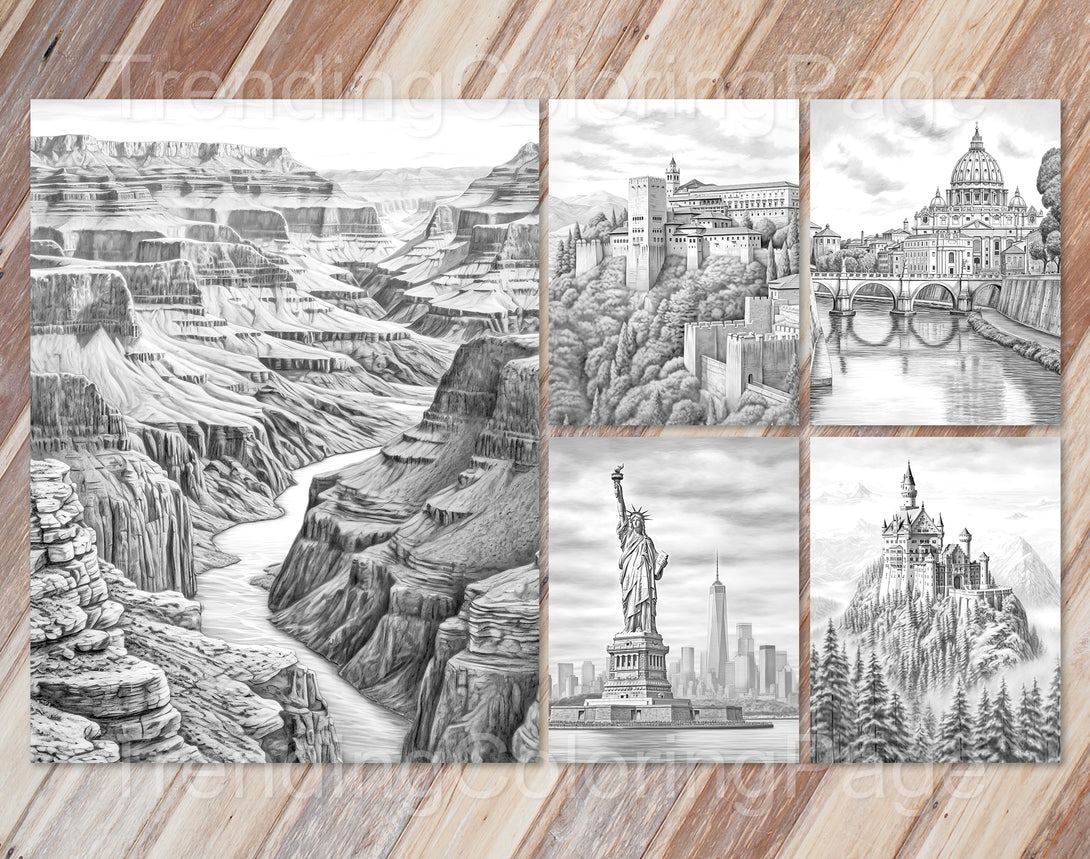 25 Around The World Grayscale Coloring Pages - Instant Download - Prin ...