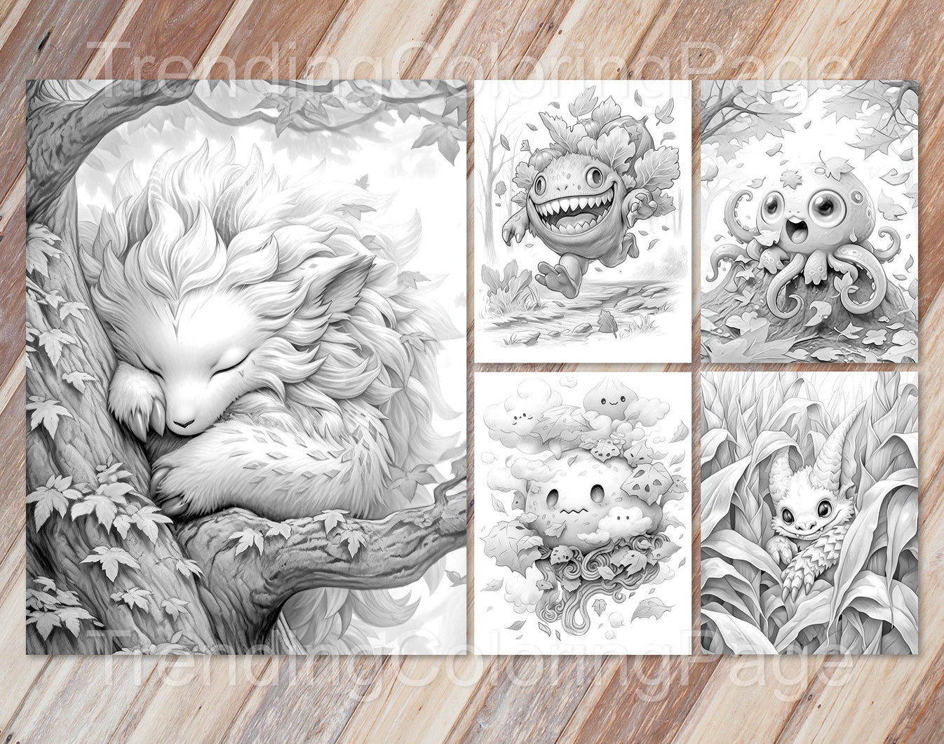 50 Adorable Autumn Monsters Grayscale Coloring Pages - Halloween Color ...