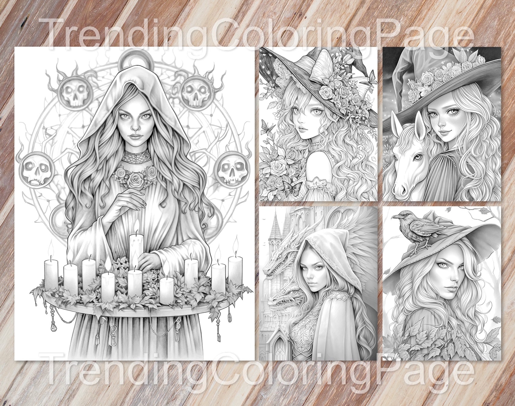 70 Beauty Witches Grayscale Coloring Pages - Instant Download - Printa ...