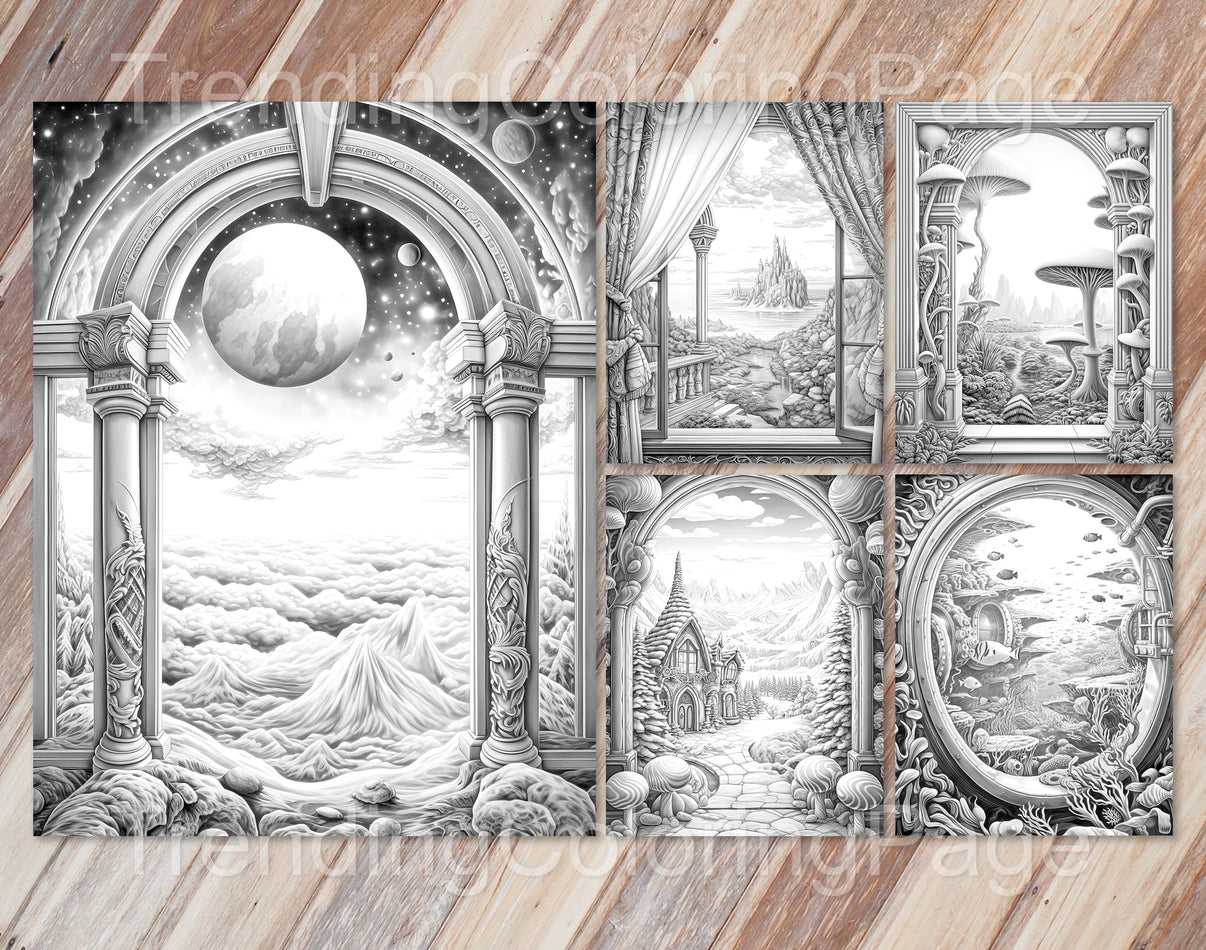 40 Window to Another World 2 Grayscale Coloring Pages- Instant Downloa ...