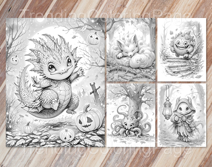50 Adorable Autumn Monsters Grayscale Coloring Pages - Halloween Color ...