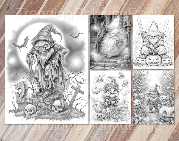 50 Halloween Gnomes Grayscale Coloring Pages - Instant Download - Prin ...