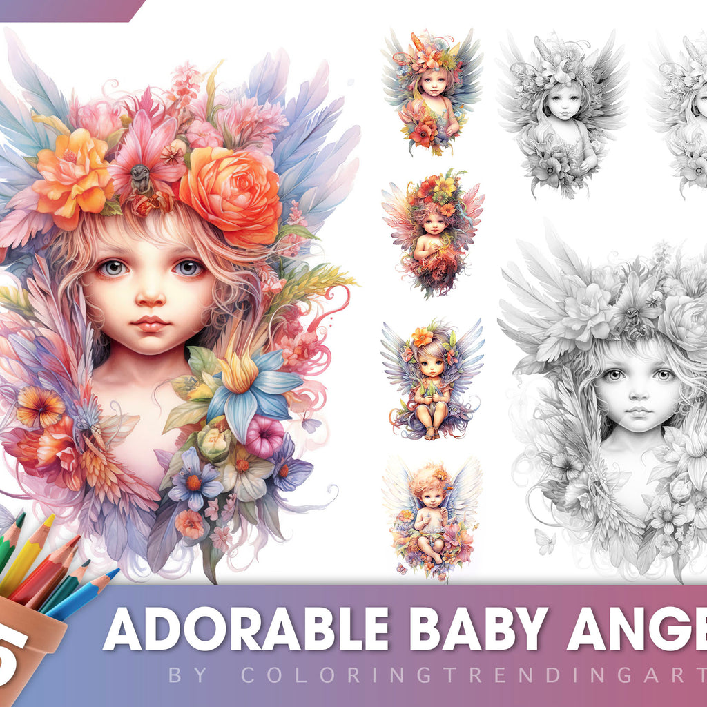 25 Adorable Baby Angels Grayscale Coloring Pages - Instant Download ...