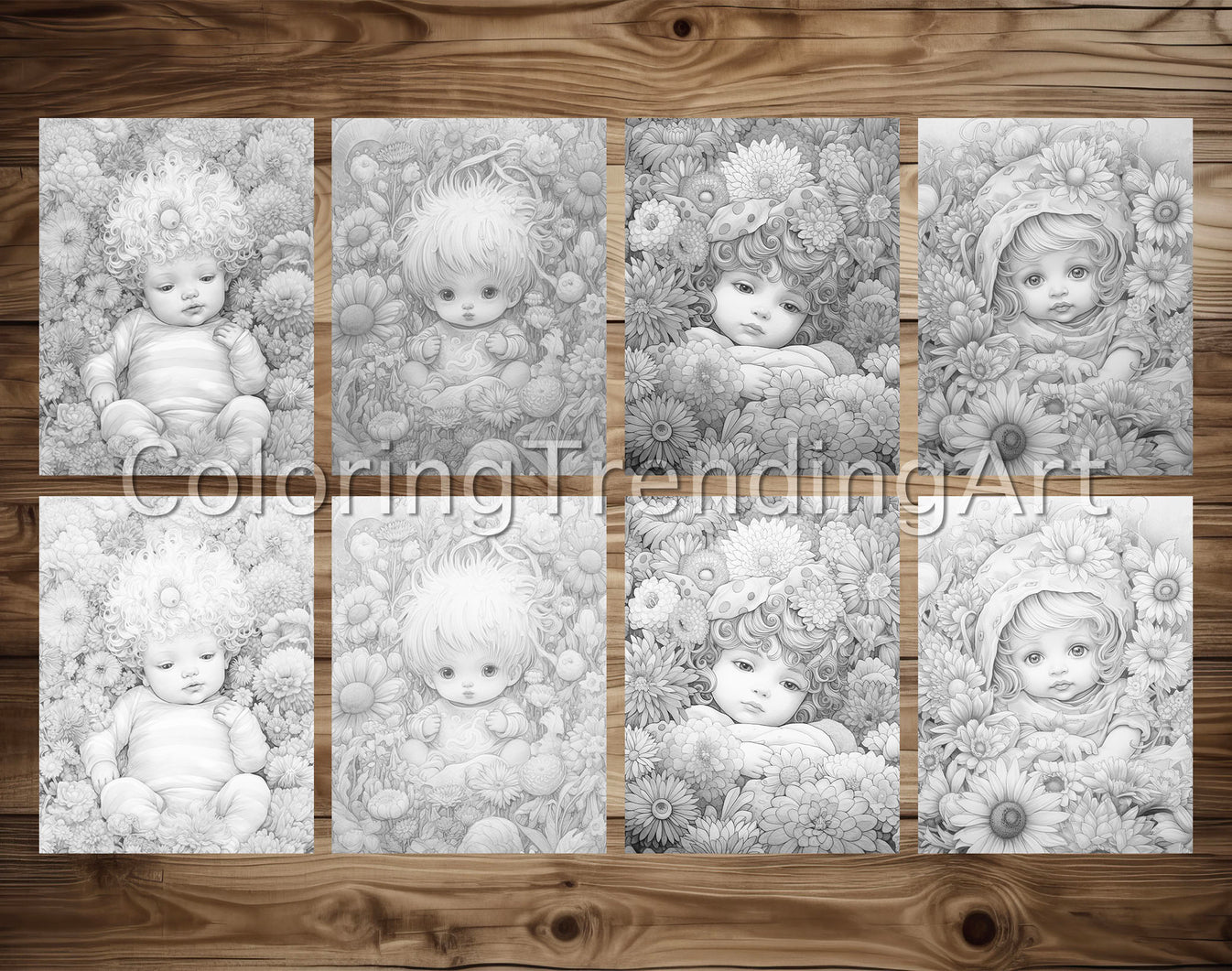 25 Adorable Flower Baby Grayscale Coloring Pages - Instant Download ...