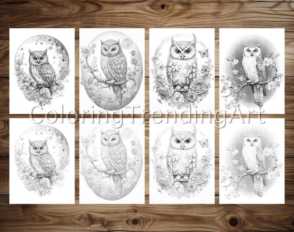 25 Adorable Flower Owls Grayscale Coloring Pages for Adults, Kids ...