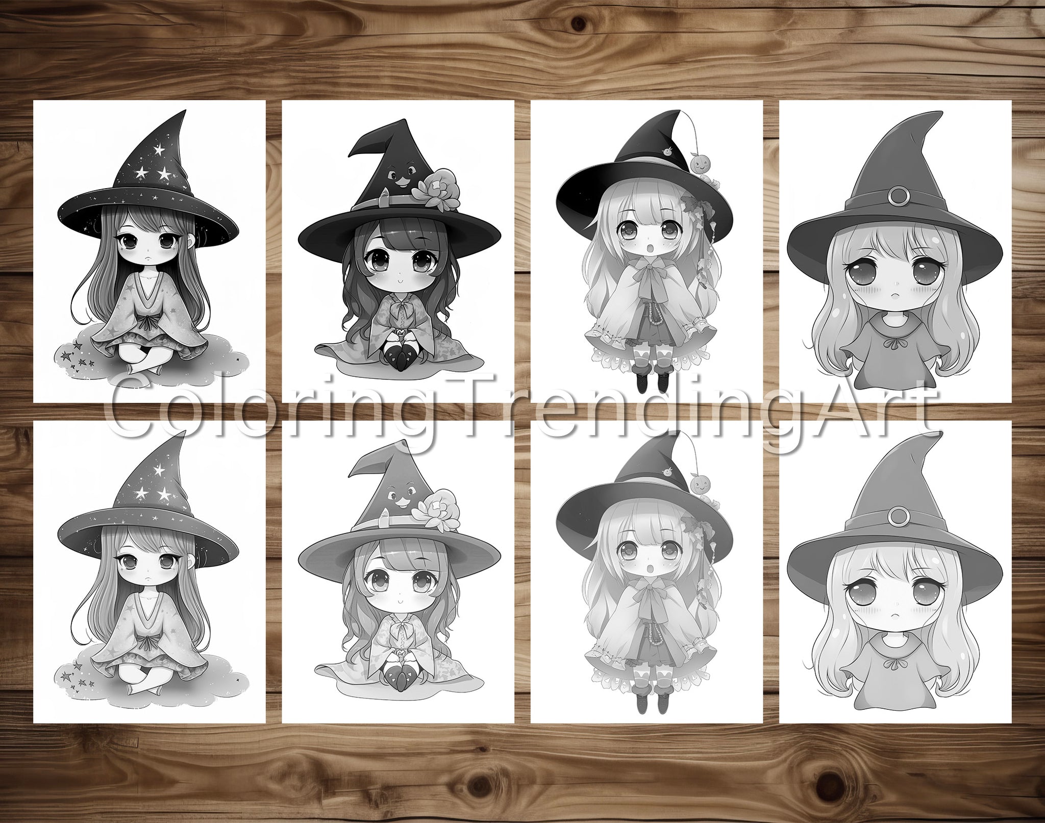 25 Chibi Cute Witch Grayscale Coloring Pages - Instant Download - Prin ...