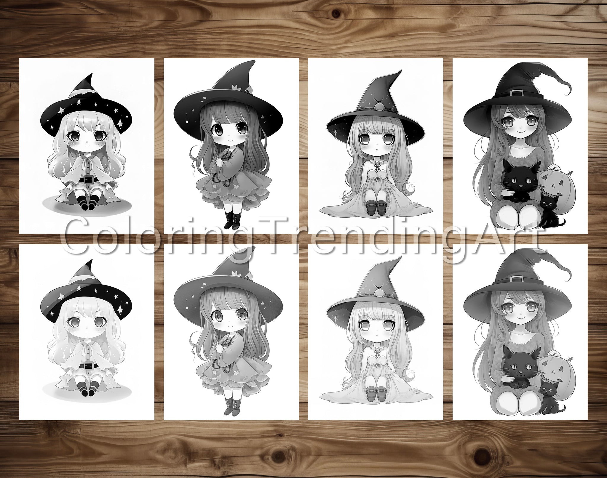 25 Chibi Cute Witch Grayscale Coloring Pages - Instant Download - Prin ...