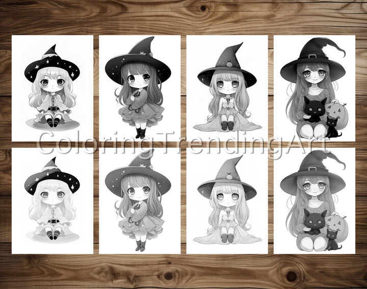 25 Chibi Cute Witch Grayscale Coloring Pages for Adults - Instant Down ...
