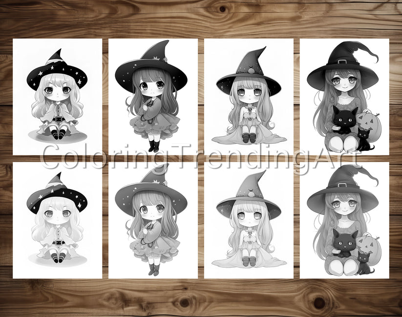 25 Chibi Cute Witch Grayscale Coloring Pages - Instant Download - Prin ...