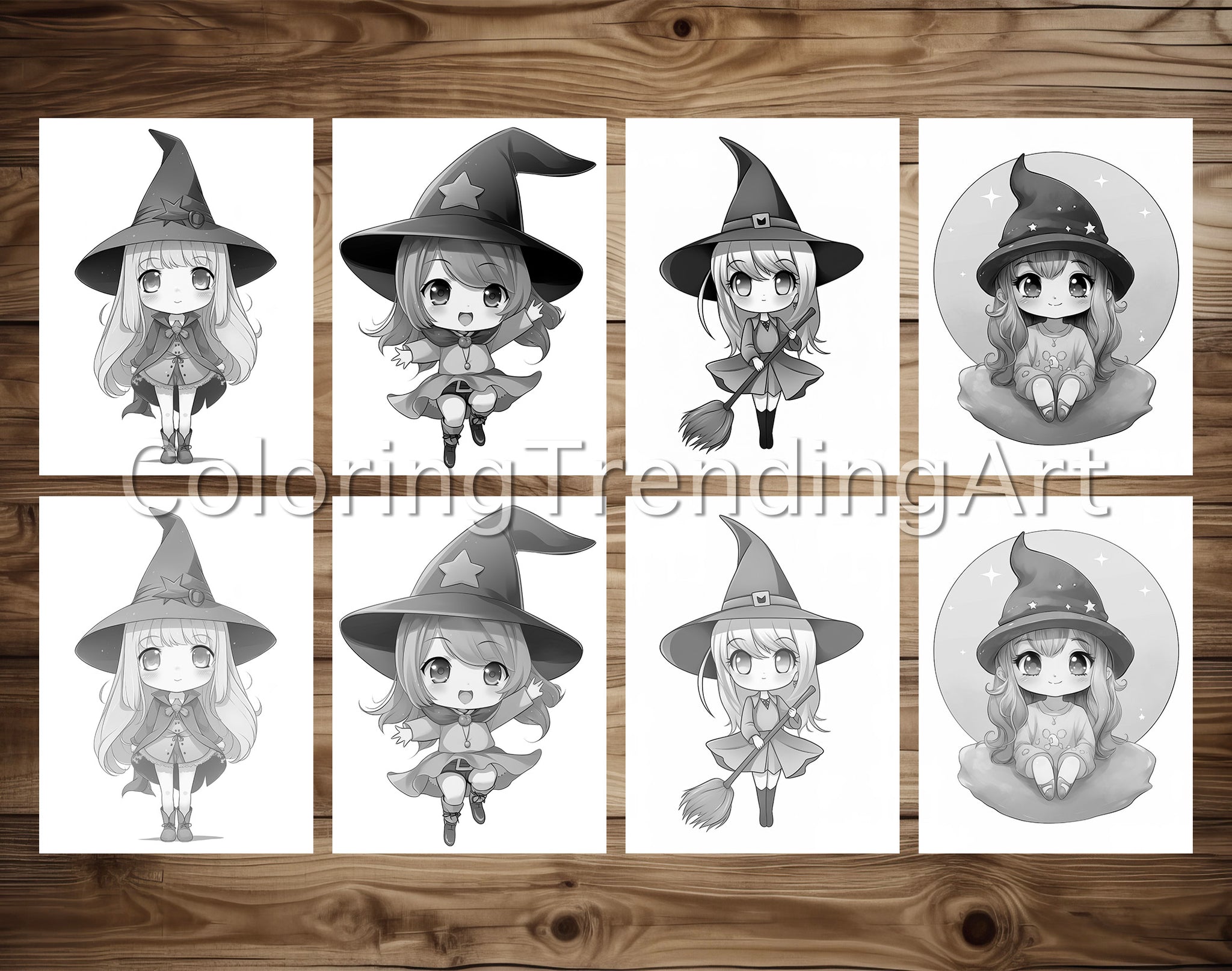 25 Chibi Cute Witch Grayscale Coloring Pages - Instant Download - Prin ...