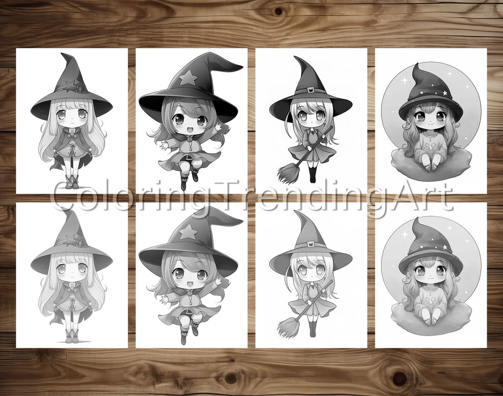25 Chibi Cute Witch Grayscale Coloring Pages - Instant Download - Prin ...