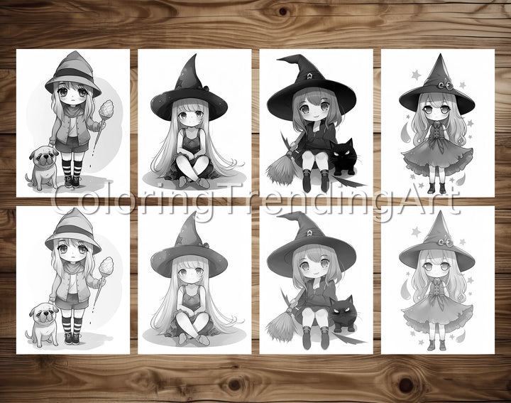 25 Chibi Cute Witch Grayscale Coloring Pages for Adults - Instant Down ...