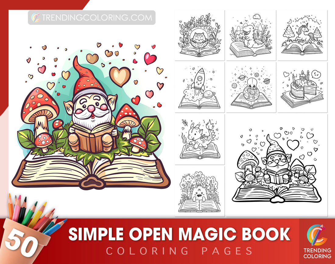 50 Simple Open Magic Book Coloring Pages - Instant Download - Printabl ...